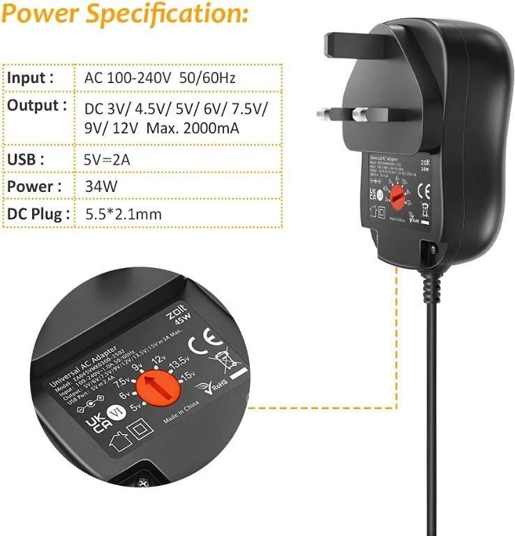 Zolt 34W Universal Multi Voltage Power Adapter 3V 4.5V 5V 6V 7.5V 9V ...