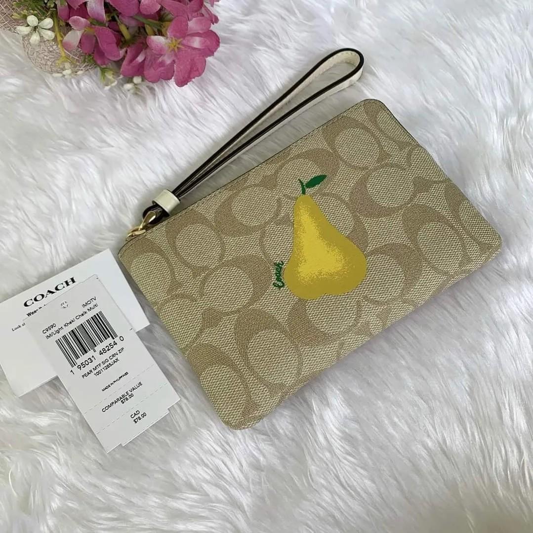 COACH Corner Zip Wristlet In Signature Canvas With Pear, Women's ...