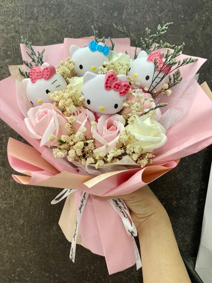 Hello Kitty KT Dried Baby Breath and Rose Soap Flower Bouquet Birthday ...