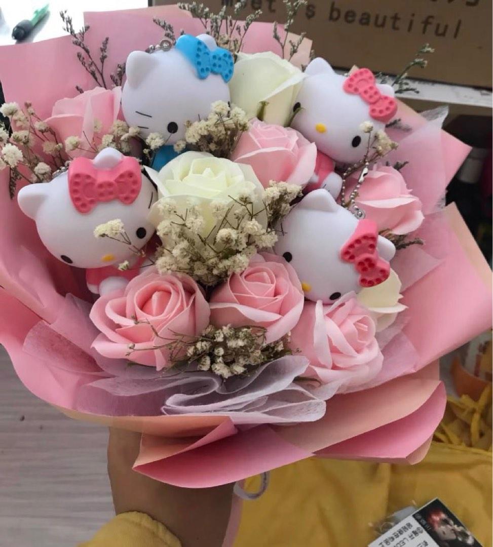Hello Kitty KT Dried Baby Breath and Rose Soap Flower Bouquet Birthday ...