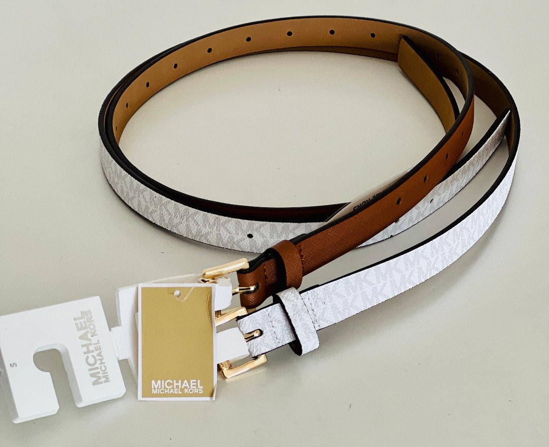 MICHAEL KORS MK 2 FOR 1 BELT SET IVORY WHITE & COGNAC BROWN LEATHER ...