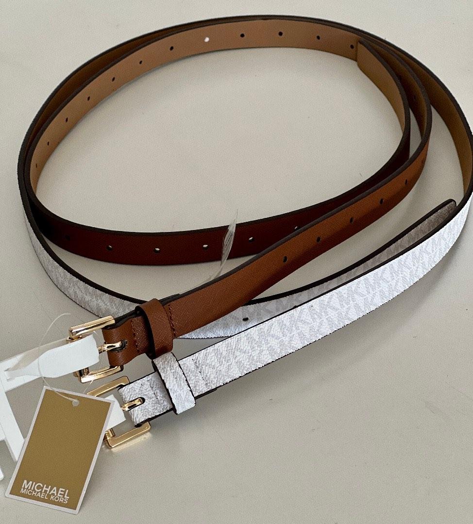 MICHAEL KORS MK 2 FOR 1 BELT SET IVORY WHITE & COGNAC BROWN LEATHER ...