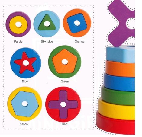 Montessori Wooden Rainbow Tower Sorting Stacking Rings Building Puzzles ...