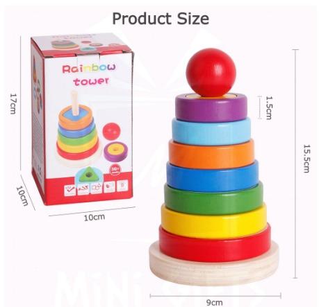 Montessori Wooden Rainbow Tower Sorting Stacking Rings Building Puzzles ...