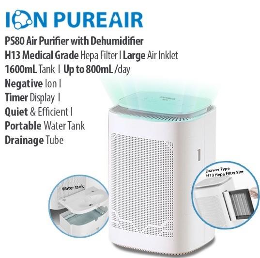 (Pre order) Dehumidifier ION PUREAIR Dehumidifier Air Purifier 1300mL /500mL Tank 300mL/Day, TV ...