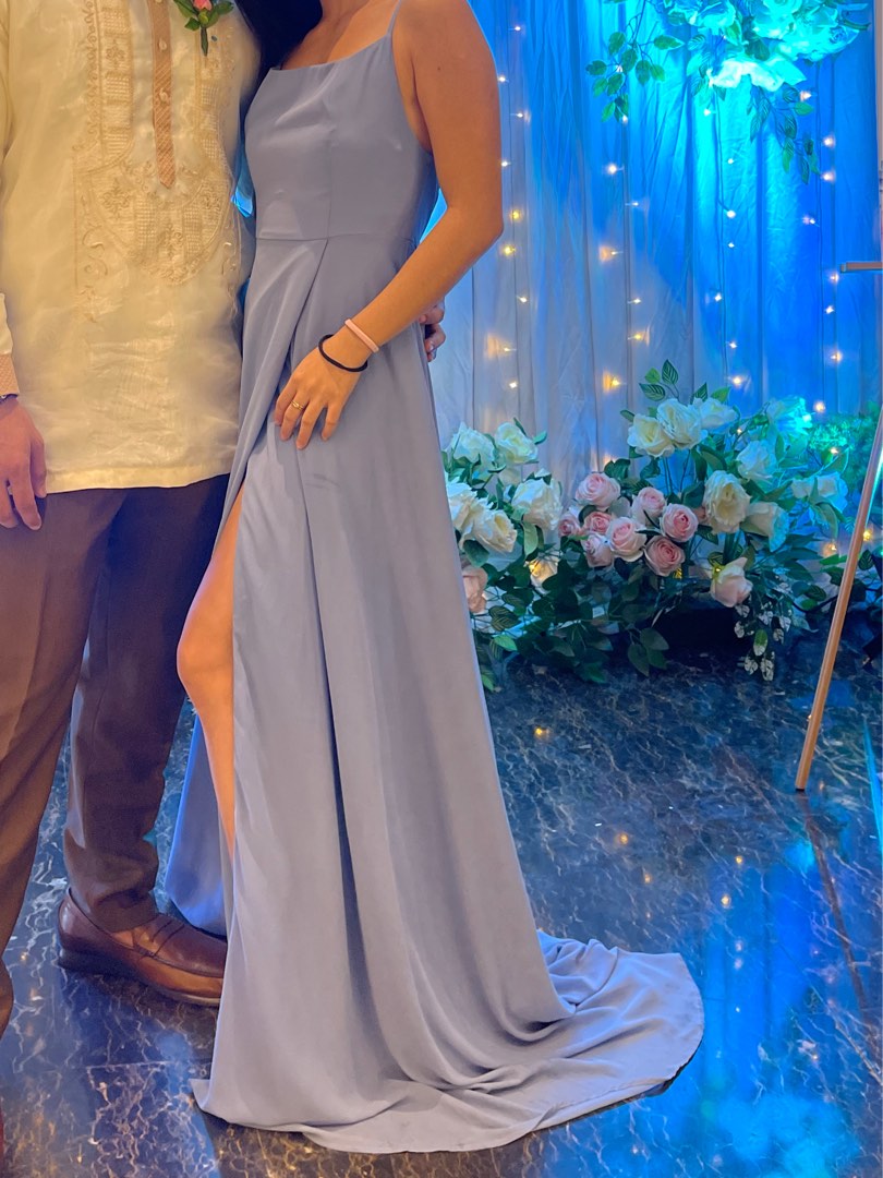 Shein Powder Blue Backless Long Gown with Slit, Women's Fashion ...