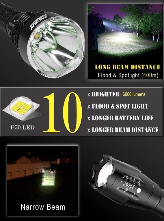 Super Bright LED Torch PFSN TCP50 Powerful Flashlight with 6000 Lumen ...
