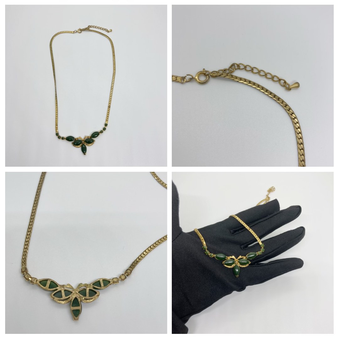 Vintage Green Stone Gold Tone Choker Necklace, Women's Fashion, Jewelry ...