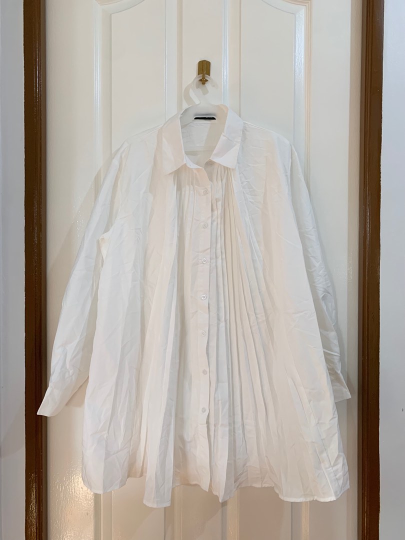 BNEW Shein Pleated Front Button Down Polo Dress White, Women's Fashion ...