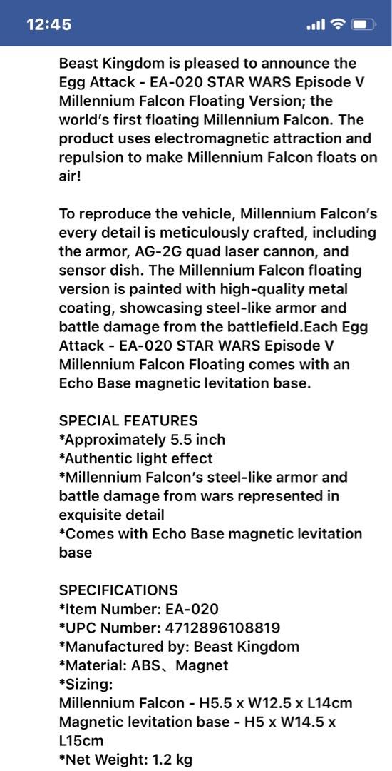 Levitating Millennium Falcon Star Wars by Beast Kingdom, Hobbies & Toys ...