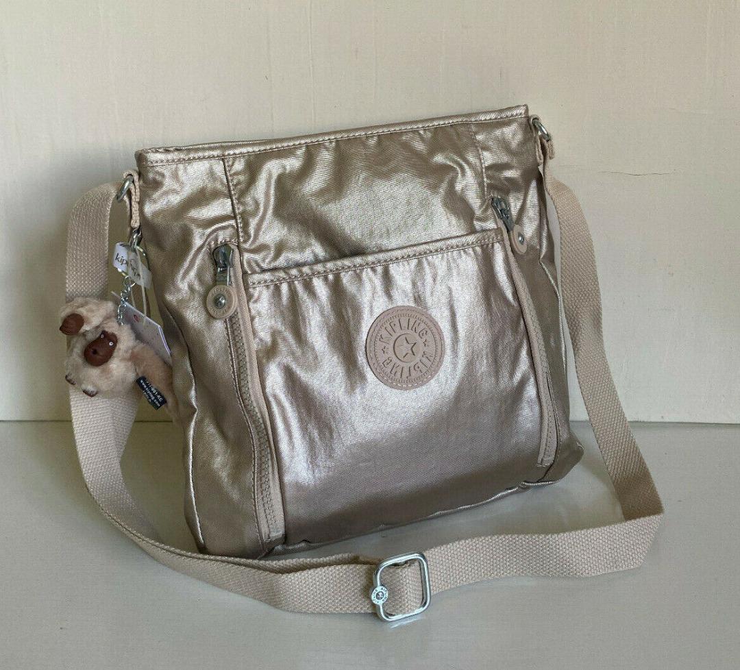 NEW! KIPLING AXL SPARKLY GOLD METALLIC CROSSBODY SLING MESSENGER BAG ...