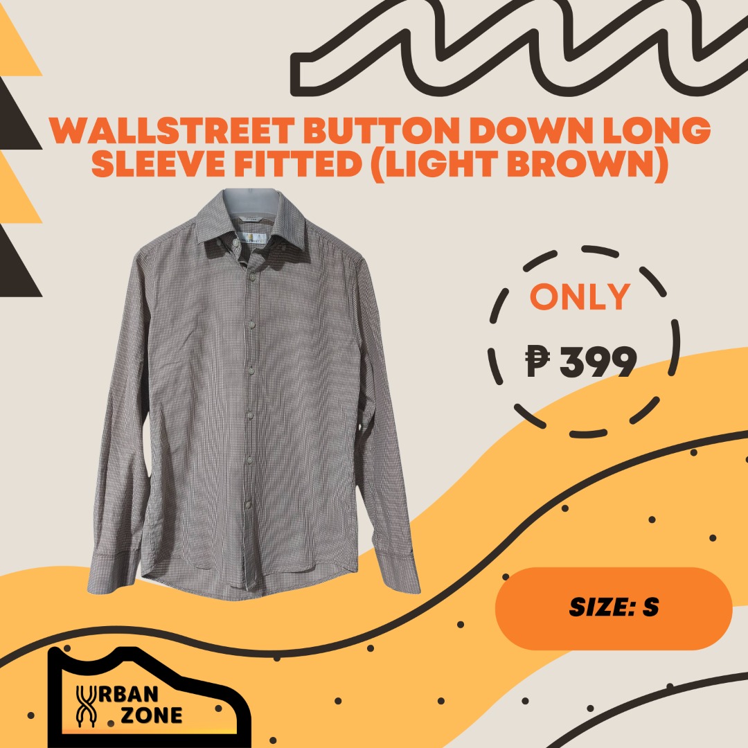 Wallstreet Button Down Long Sleeve Polo Shirt Fitted (Light Brown), Men ...