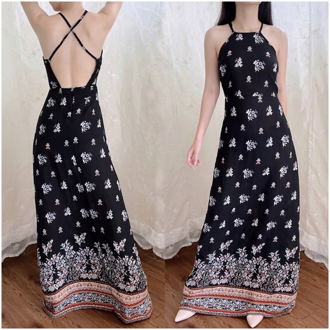 Atmosphere Black Floral Tribal Boho Long Maxi Dress Sexy Cross Low Back ...