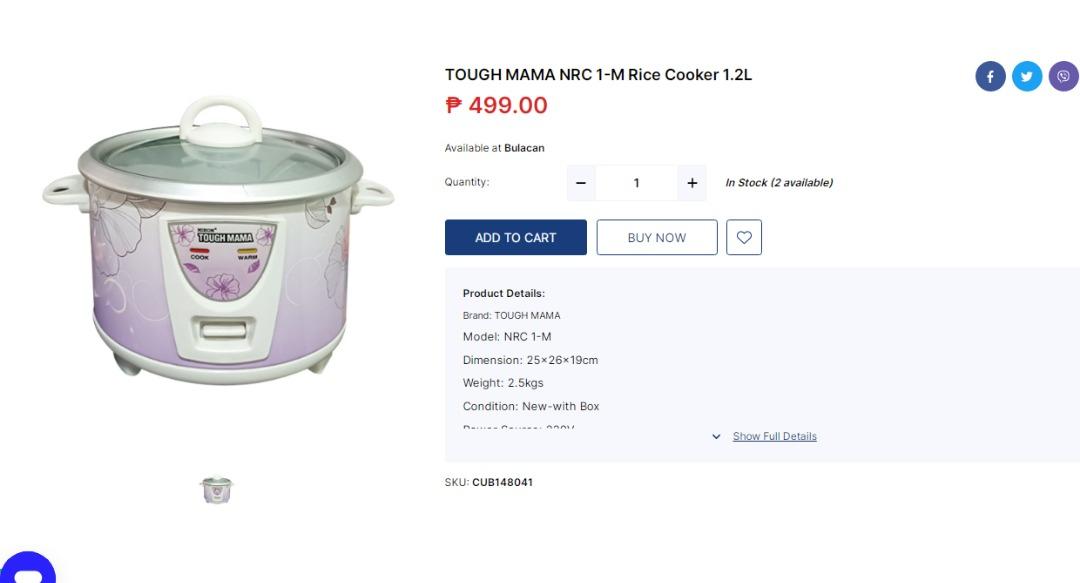 TOUGH MAMA NRC 1-M Rice Cooker 1.2L, TV & Home Appliances, Kitchen ...