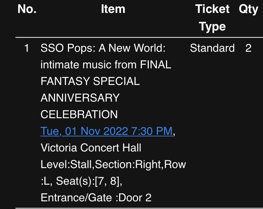 [A New World Final Fantasy x SSO] Two pax, side-by-side seating ...