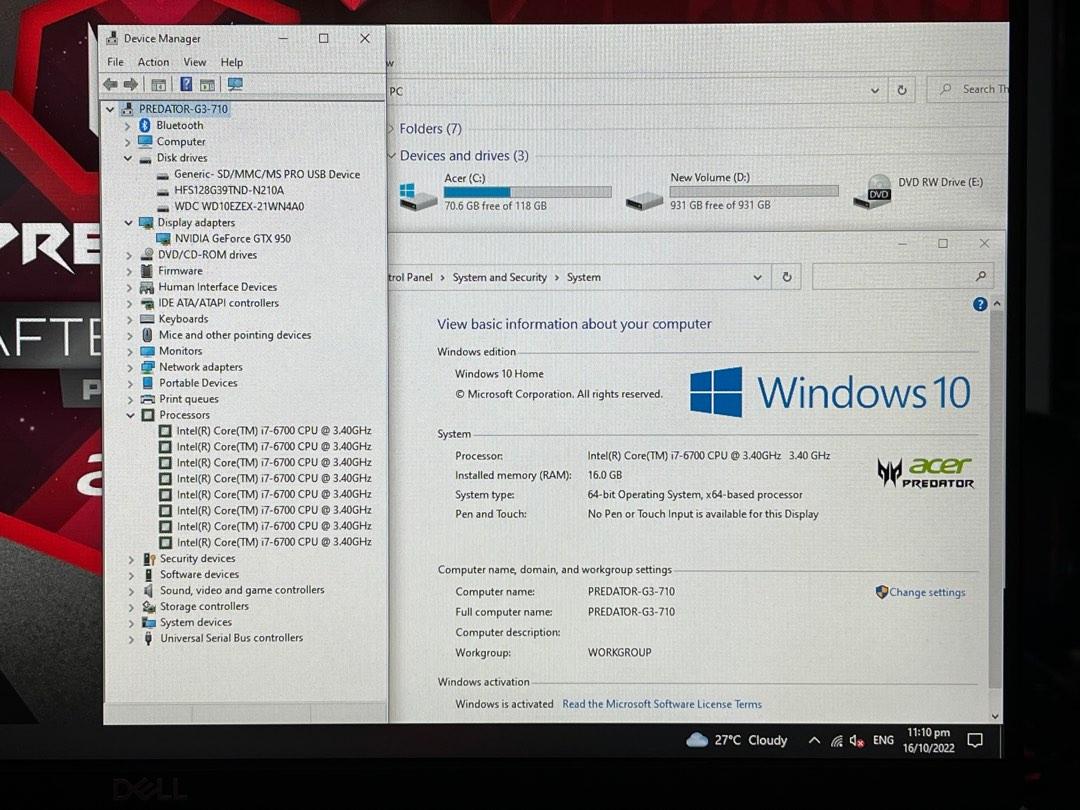ACER Predator G3-710 Gaming Desktop Computer CPU Processor intel i7 ...