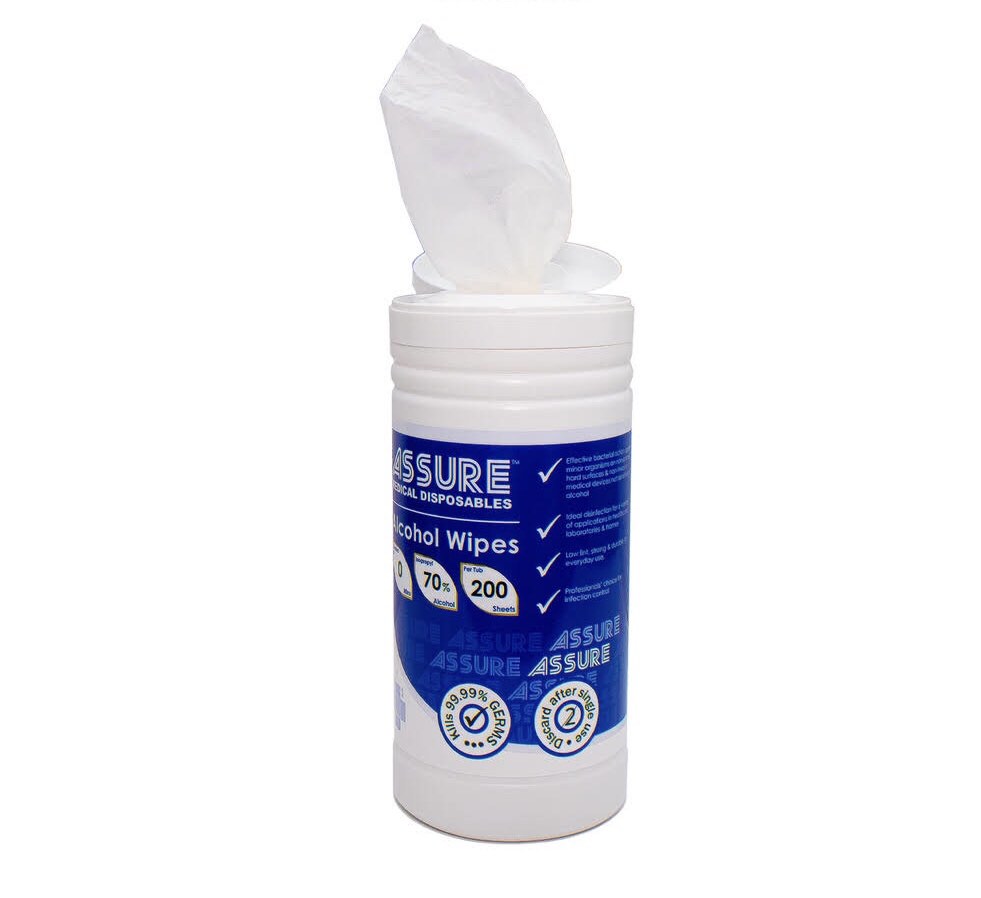 Assure medical disposables alcohol wipes tub 20 x 25 cm 200 sheets ...