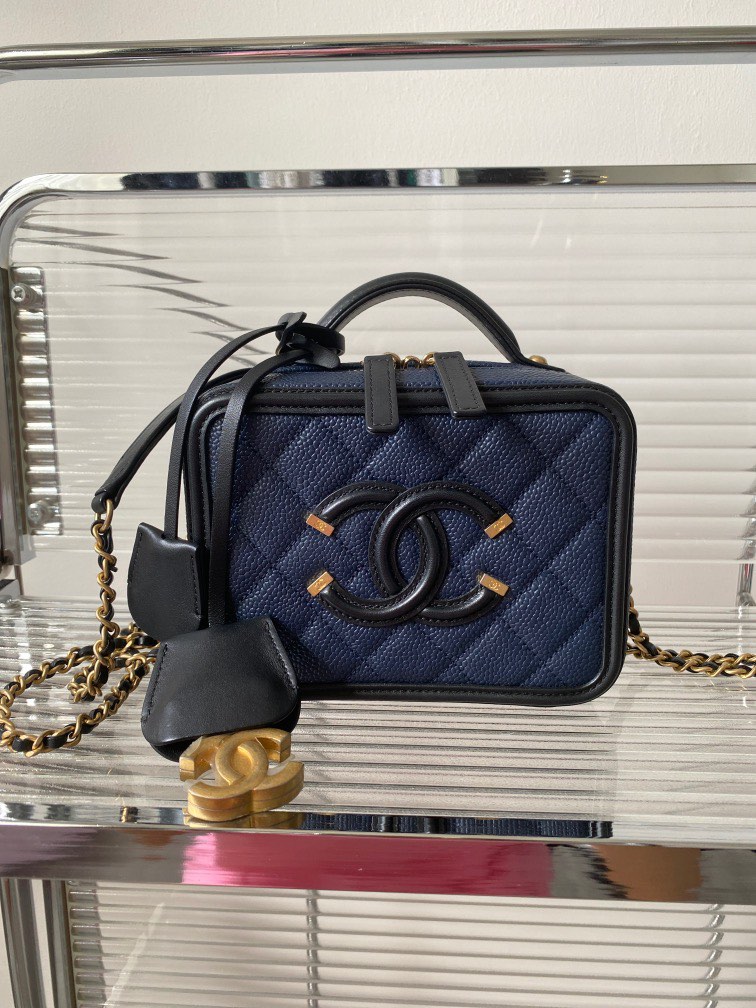 Chanel Small Filigree Vanity Case Navy Caviar, Luxury, Bags & Wallets ...