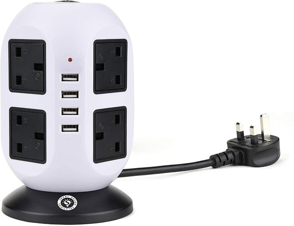Extension Power Cord Multi Plug Vertical Tower With 8 UK Outlets Socket ...