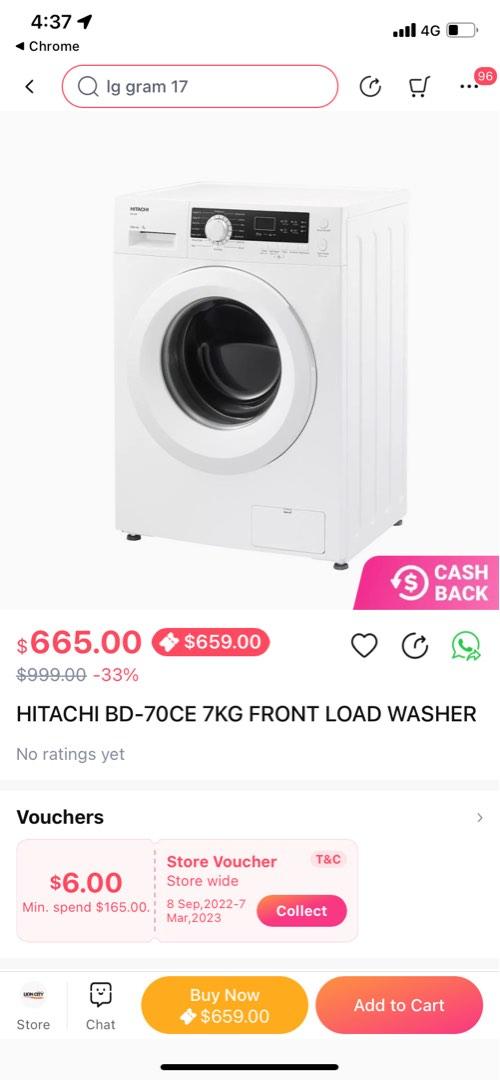 HITACHI BD70CE FRONT LOAD WASHING MACHINE (7KG), TV & Home Appliances ...