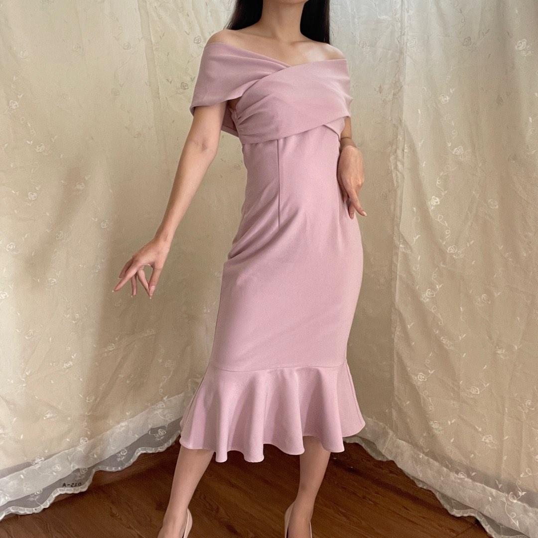 Love Bonito Rosamonde Off Shoulder Trumpet Dress Sabrina Cross Pink Pastel Nude Midi Mermaid ...