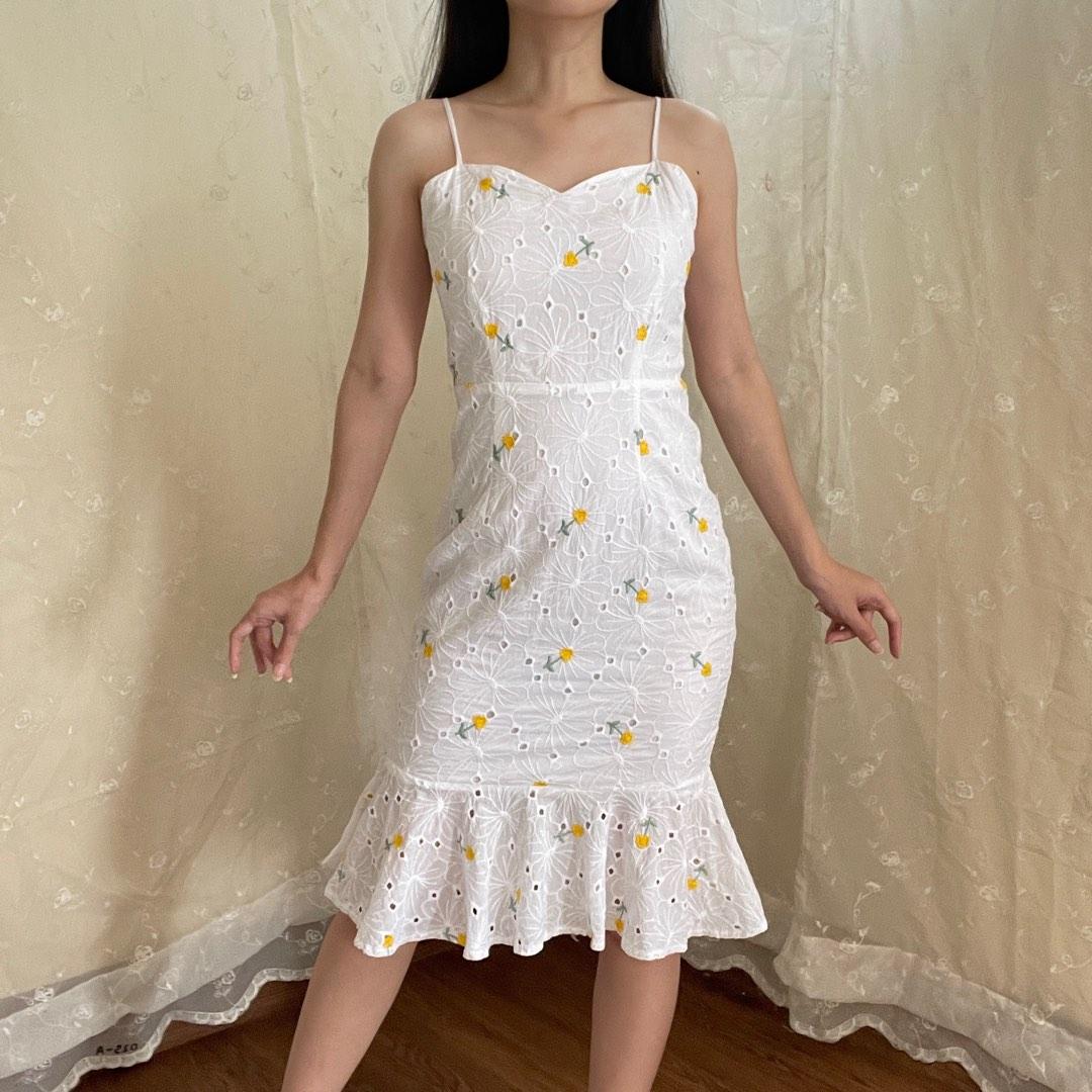 mds White Yellow Floral Eyelet Broderie Mermaid Midi Ruffle One Strap Dress Beach Wear Terusan ...