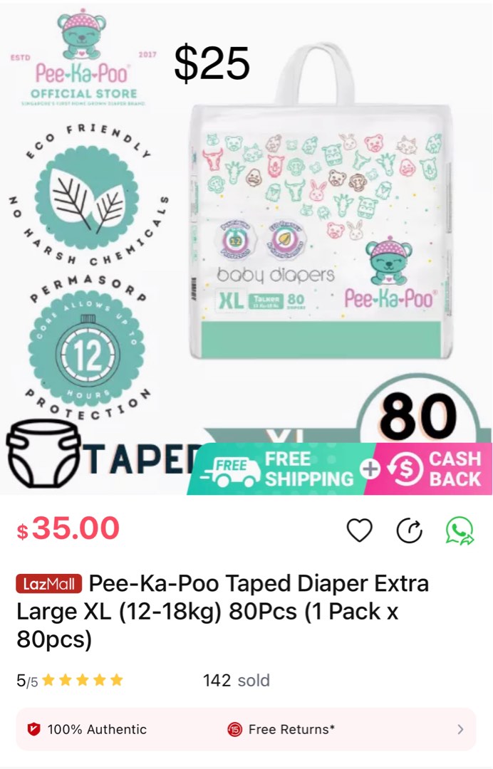 Peekapoo XL taped diaper 80pcs, Babies & Kids, Bathing & Changing ...