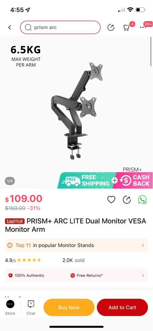 Prism+ Arc Lite Dual Monitor Arm, Computers & Tech, Parts & Accessories, Monitor Screens on ...
