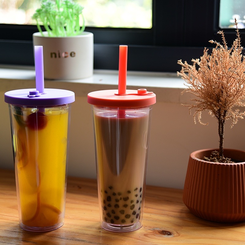 Reusable Plastic Cup for Bubble Tea with Straw 700ml Boba Smoothie Mug ...