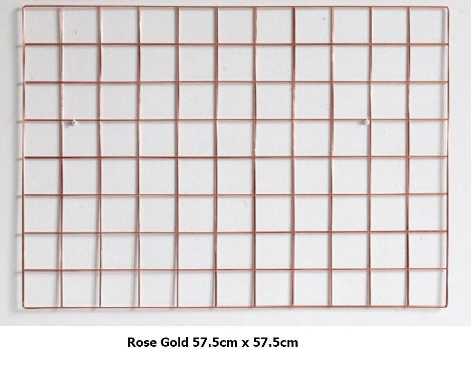 Rose Gold metal grid photo wall mesh grid board with basket, Furniture ...