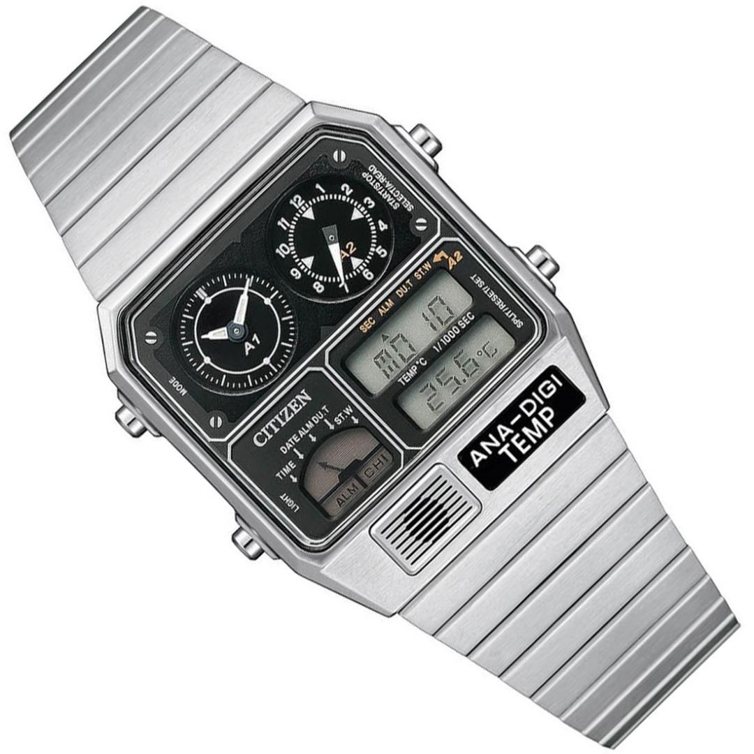 Brand New Citizen Analog Digital TEMP Dual Time Rectangular Stainless ...