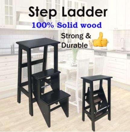 D'Walnut Solid Wood 3-Step Ladder High Stool, Furniture & Home Living ...