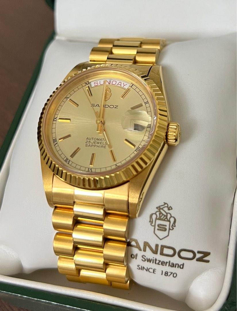 Sandoz 18K Gold Day Date President ETA Swiss Automatic Watch, Luxury ...