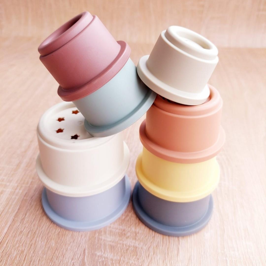 Silicon stacking cups + wooden rainbow stacker, Babies & Kids, Infant Playtime on Carousell