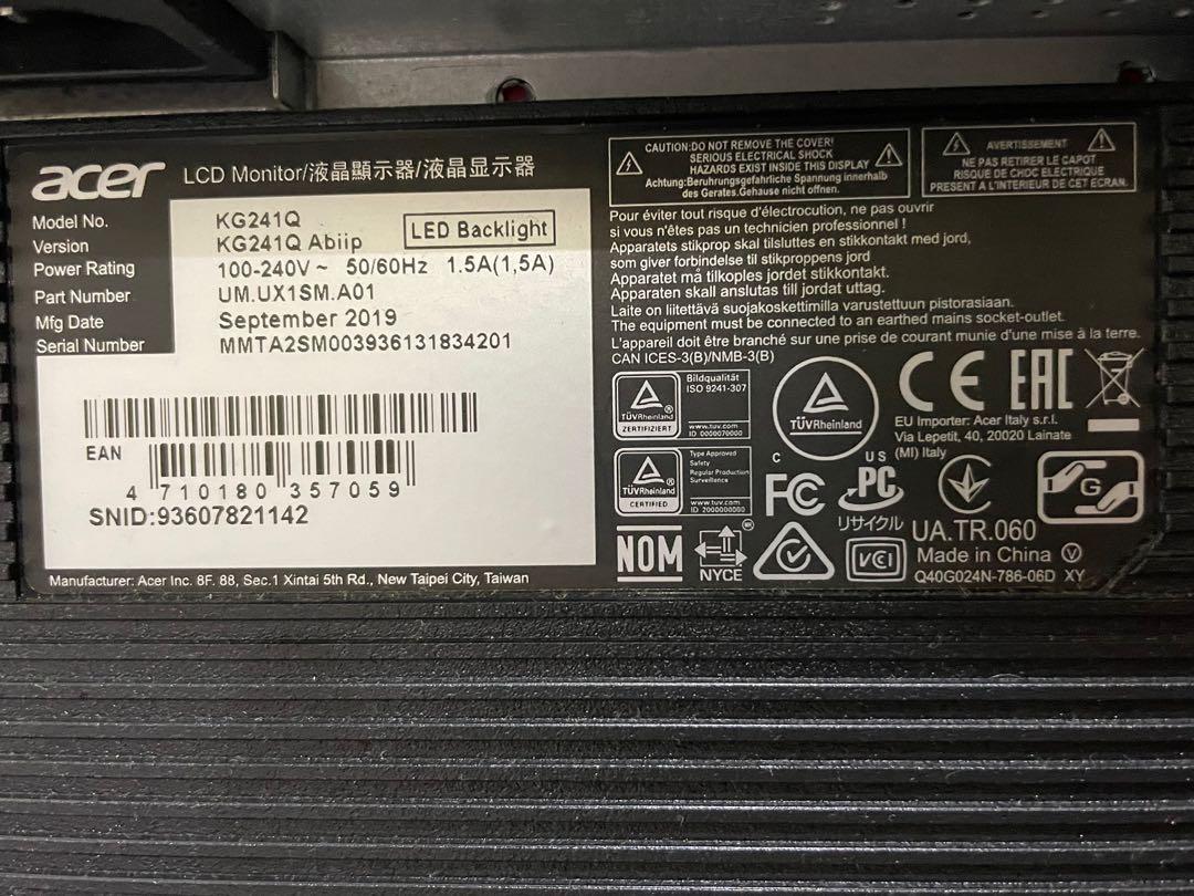 Acer KG241Q 144HZ Monitor, Computers & Tech, Parts & Accessories ...