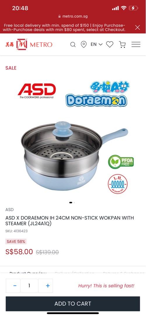 ASD X DORAEMON IH 24CM NON-STICK WOKPAN WITH STEAMER, TV & Home Appliances, Kitchen Appliances ...