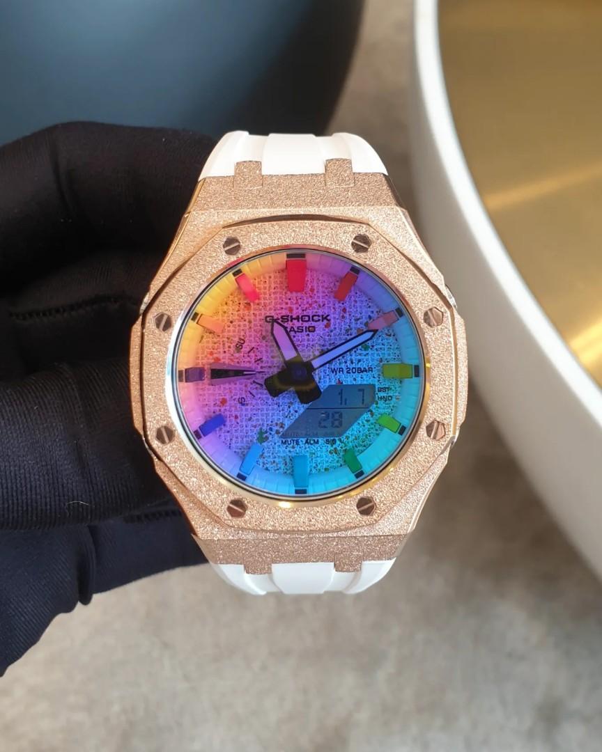 Casioak GA-2100 Rainbow Series in Frosted Rose Gold White Strap, Men's ...