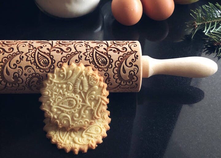 Embossed Wood Rolling Pin FLORAL PAISLEY design made in Poland ...