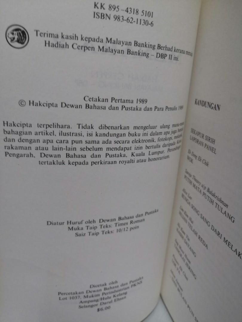 Menara 2 - Hadiah Cerpen Malayan Banking - DBP - cetakan pertama 1989 ...