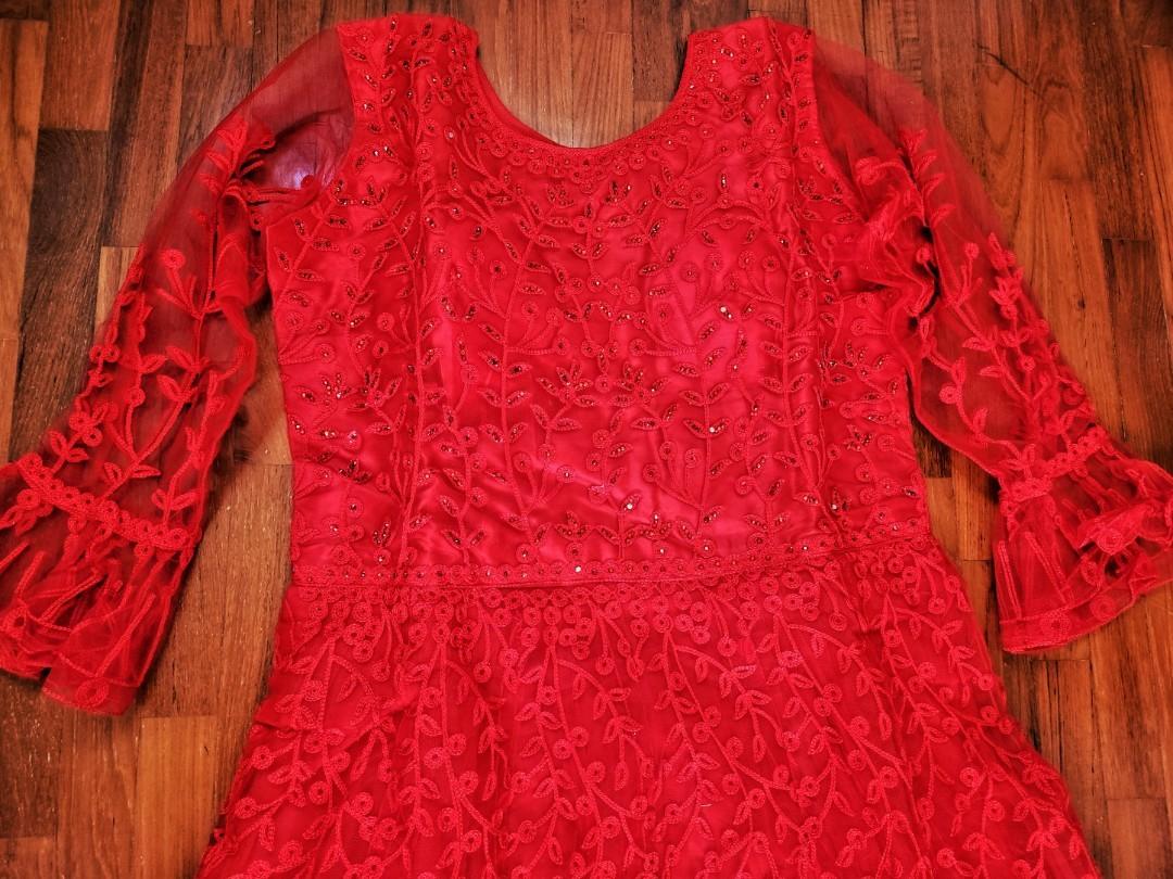 Red netted anarkali, Indian traditional dress, Diwali dress, Women's ...