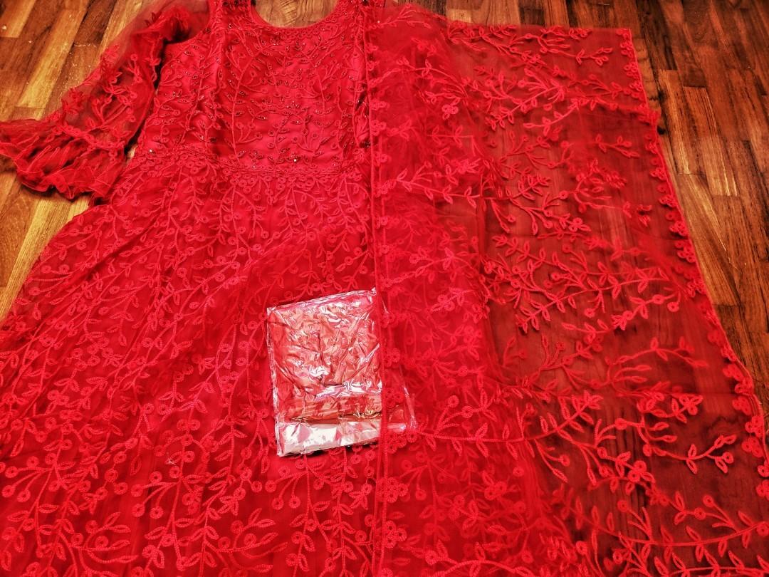 Red netted anarkali, Indian traditional dress, Diwali dress, Women's ...