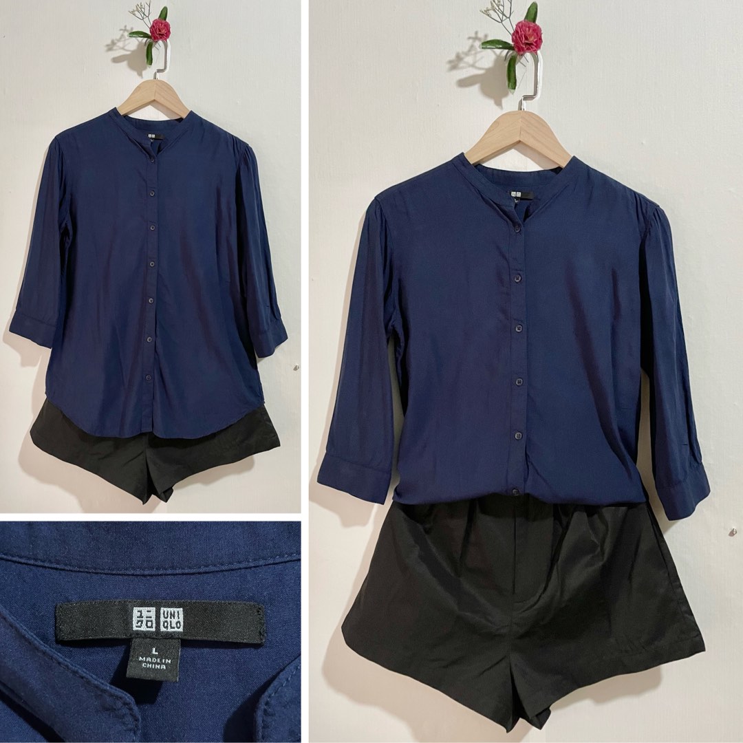 Uniqlo Navy Blue drape top, Women's Fashion, Tops, Longsleeves on Carousell