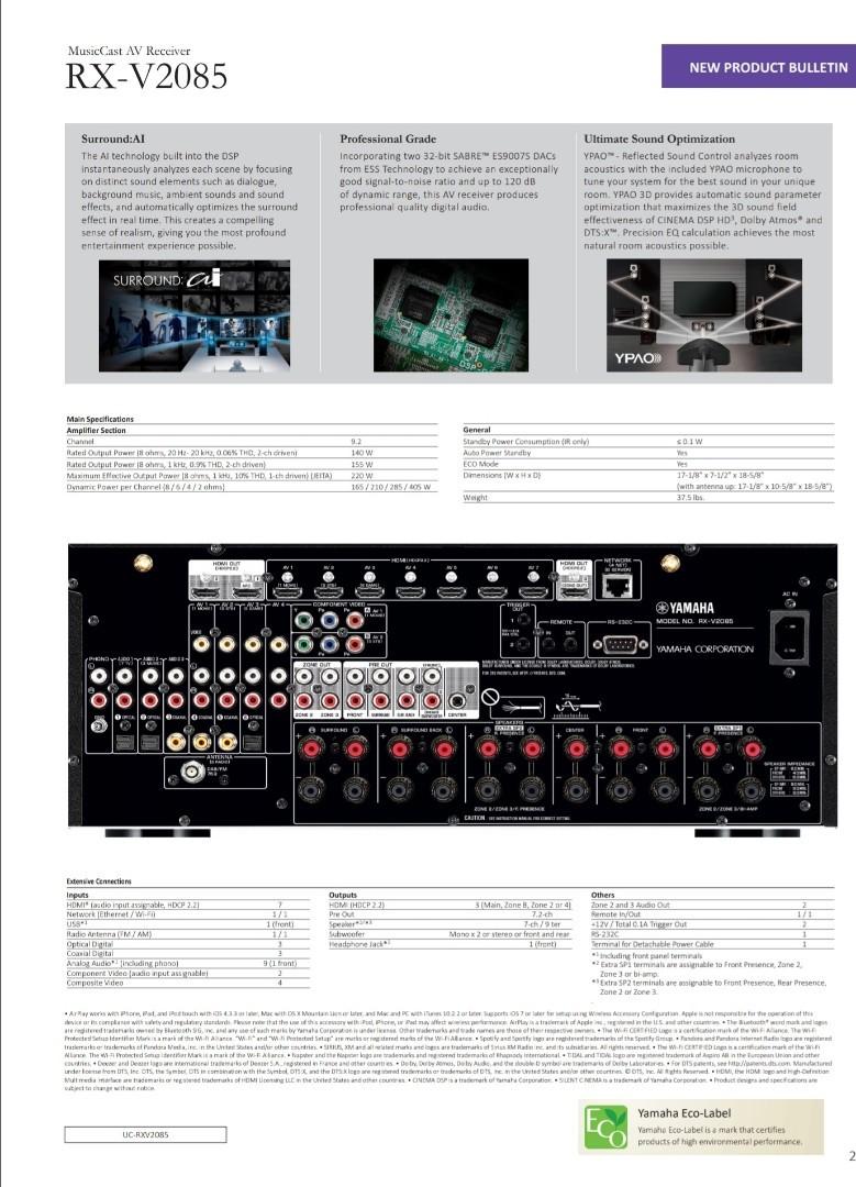 Yamaha RXV2085 AV Receiver. 4K Dolby Atmos & Dts-X. Mint Condition, TV ...
