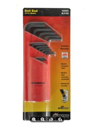 15 pc. Bondhus Ball Point Long Arm Hex Key Allen Wrench Set in Plastic ...