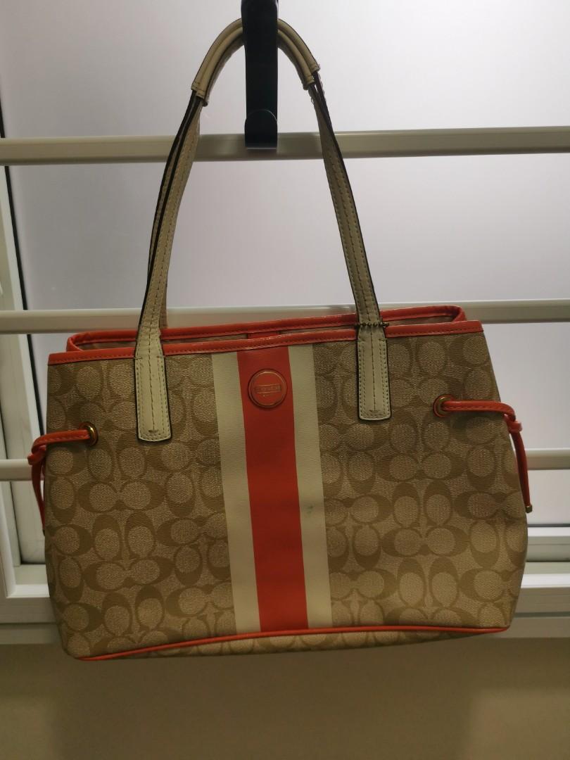 Coach F22908 light Khaki/orange - Signature stripe PVC stripe carryall ...