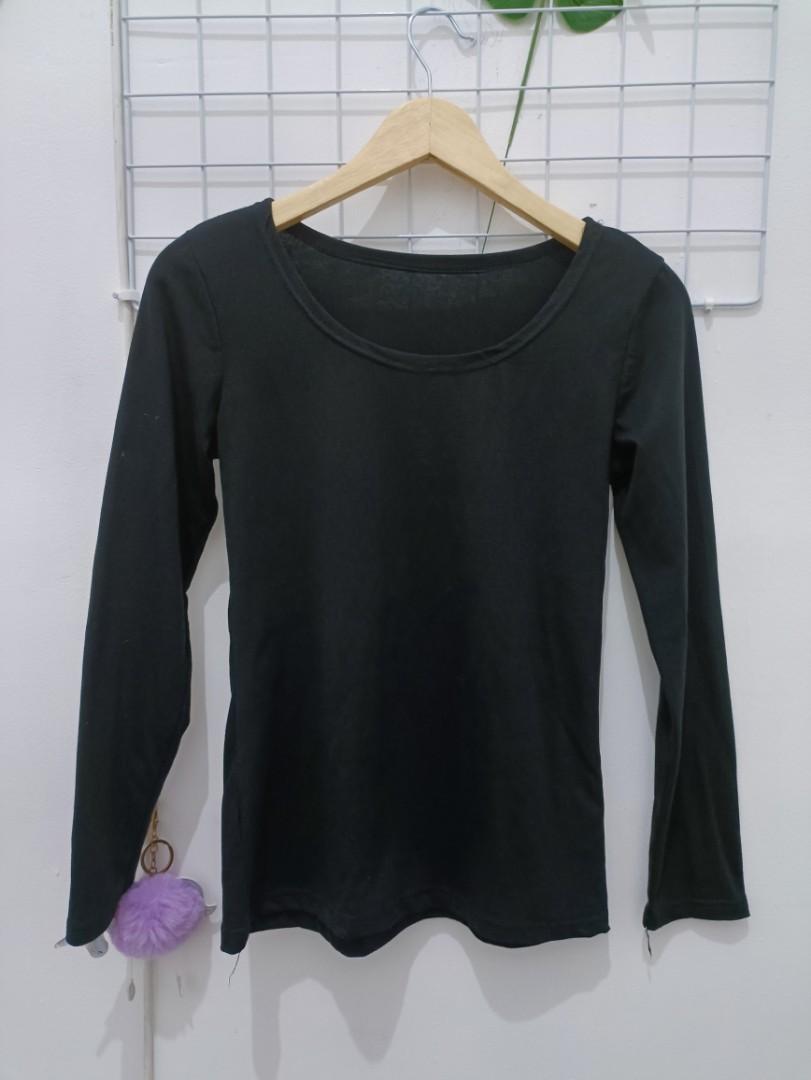 Kaos hitam polos lengan panjang long black shirt, Fesyen Wanita ...