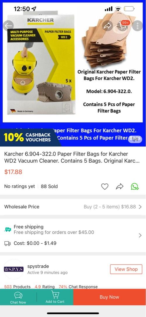 Karcher wd2 paper bags original 4 pcs left, TV & Home Appliances ...