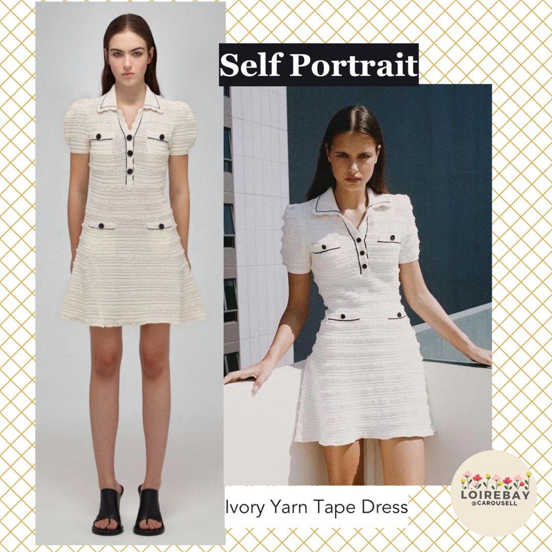 Self Portrait Ivory Tape Yarn Mini Knit White Dress, Women's Fashion ...
