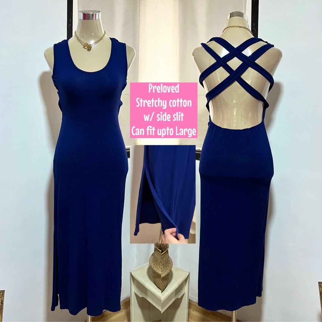 Sexy Back Navy Blue Semi Formal Bodycon Maxi Long Slit Dress Party