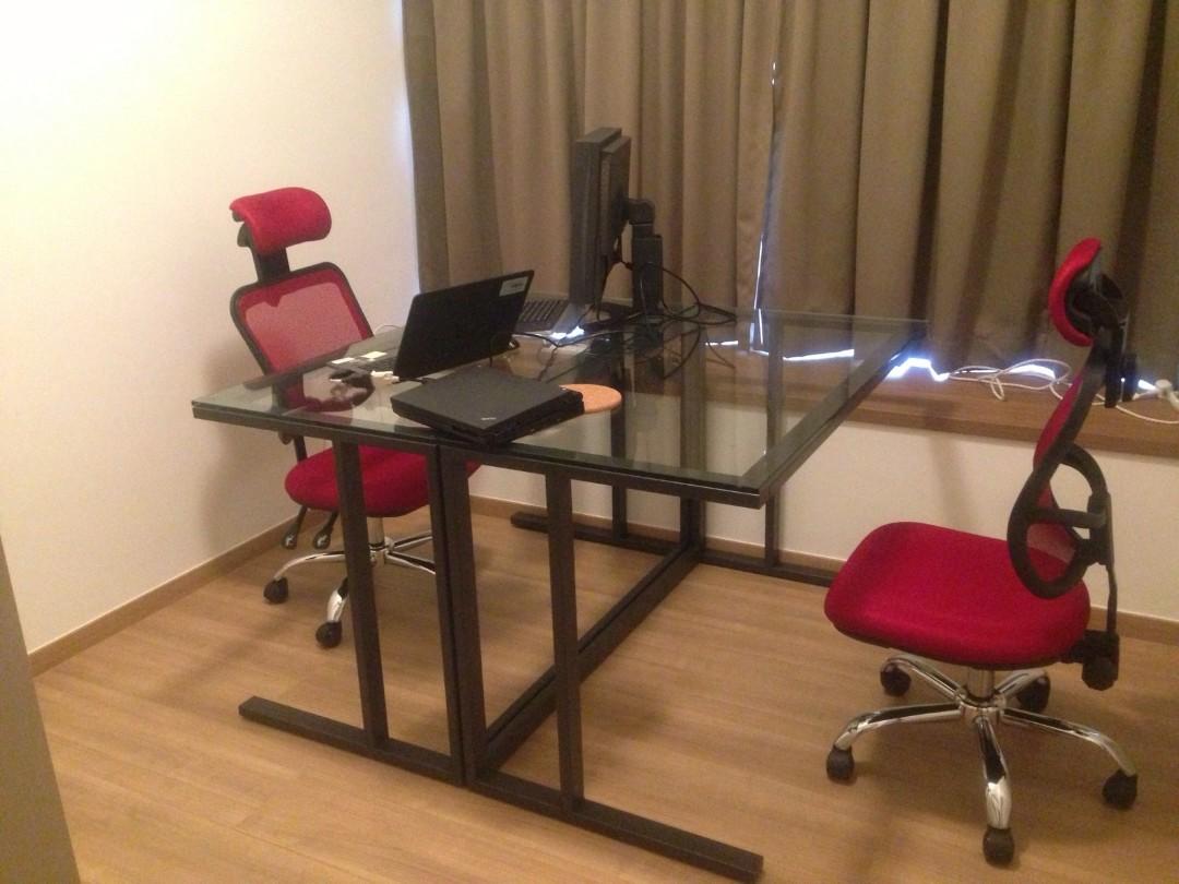 CB2 Glass Study Desk with Black Pedestal Metal Frames, Furniture & Home ...